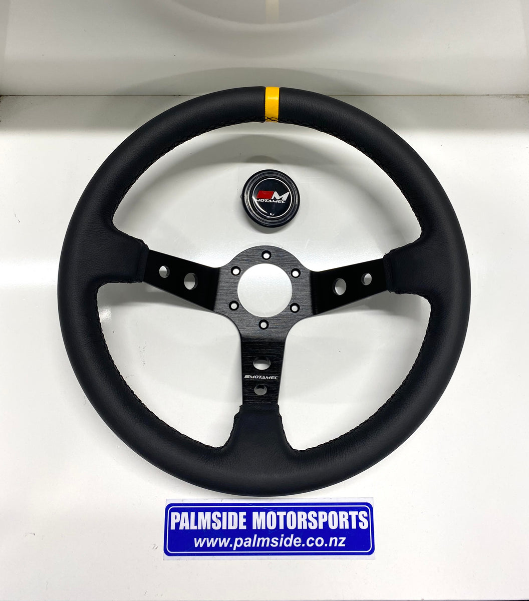 Motamec Rally Steering Wheel 350mm Deep Dish Black Leather – Palmside NZ