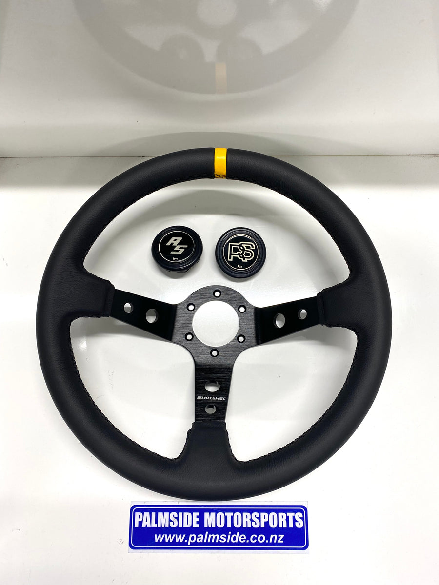 Motamec Rally Steering Wheel 350mm Deep Dish Black Leather RS – Palmside NZ